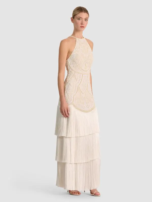 Alice + Olivia Giulia Embellished Halter Fringe Midi Dress