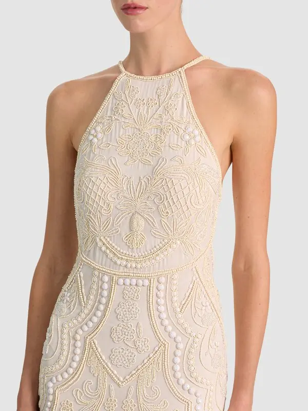 Alice + Olivia Giulia Embellished Halter Fringe Midi Dress