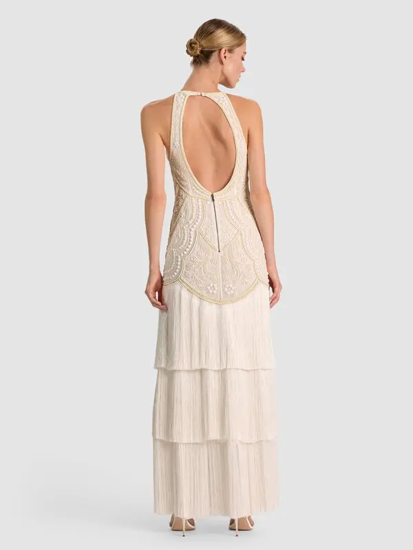 Alice + Olivia Giulia Embellished Halter Fringe Midi Dress