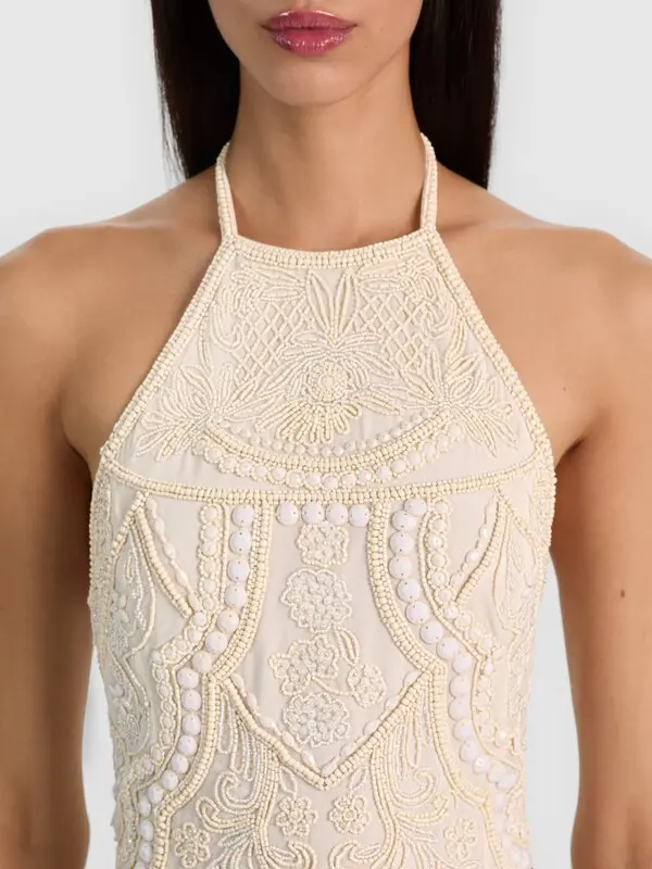 Alice + Olivia Gatz Embellished Halter Cropped Top