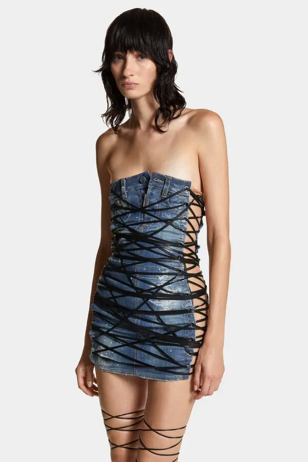 Dsquared2 Light Frozen Wash Lace Up Jean Dress