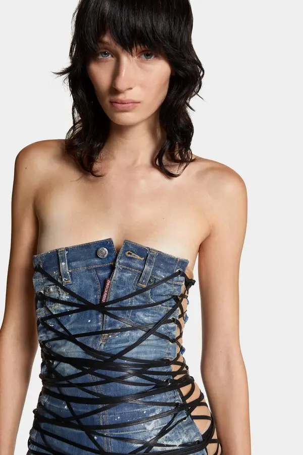 Dsquared2 Light Frozen Wash Lace Up Jean Dress