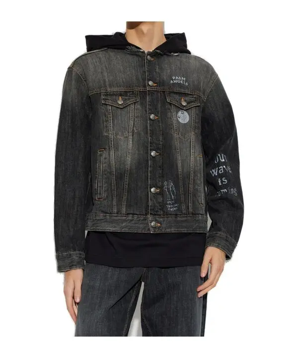 Palm Angels Printed Hooded Denim Jacket