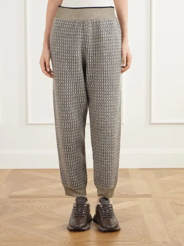 Brunello Cucinelli Mohair, Virgin Wool And Cashmere Sparklin Ghoundstooth Knit Track Trousers