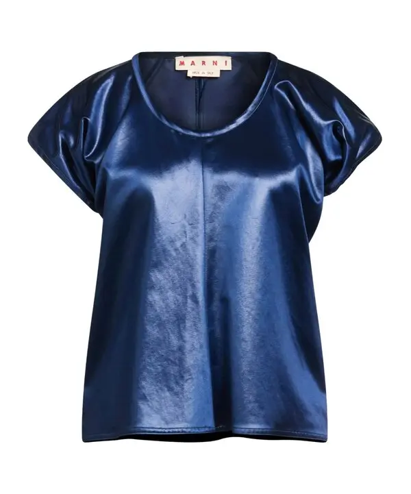 Marni U-neck Satin Blouse With Gathered Cap Sleeves - Blue