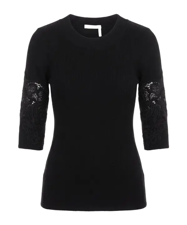Chloé Crew Neck Ribbed Knit Top With Lace Panel Elbow Sleeves - Black