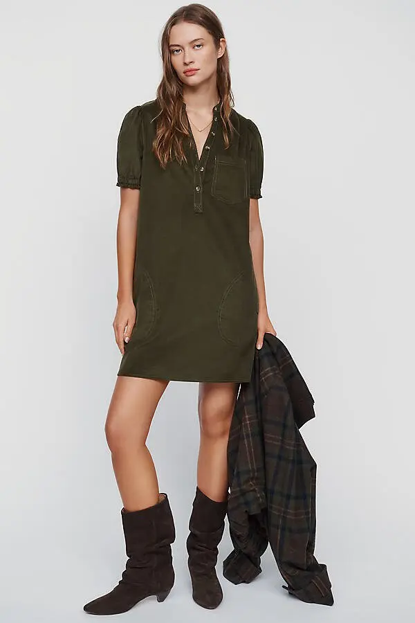 PILCRO Aly 100% Cotton Corduroy Mi Shirtdress - Dark Green