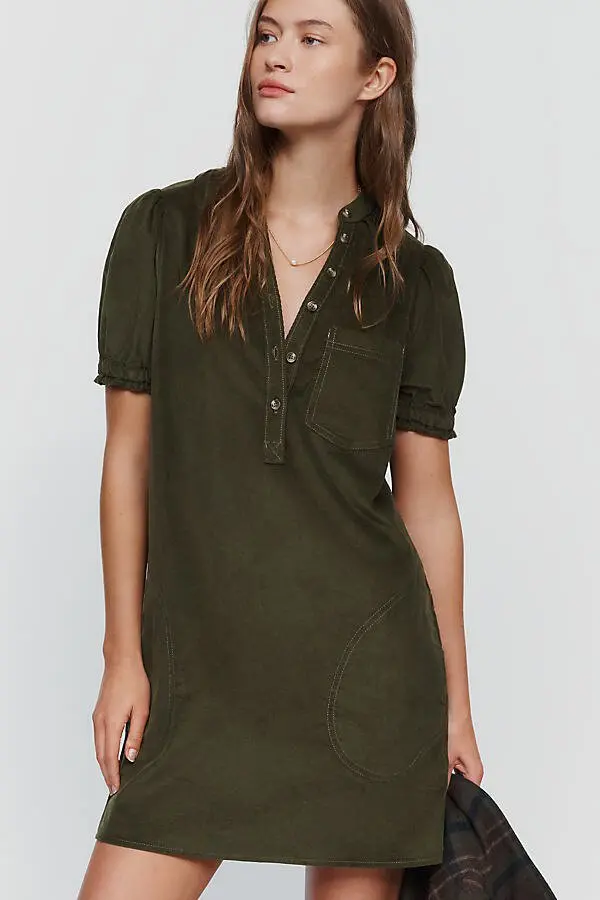 PILCRO Aly 100% Cotton Corduroy Mi Shirtdress - Dark Green