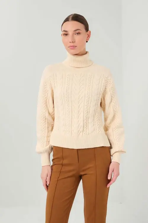 Anatomie Wabi Mix Sweater Mixed-stitch Cableknit Turtleneck - Latte
