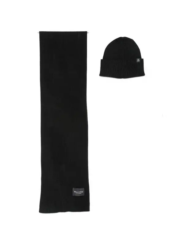 Marc O'polo Ribbed-knit Logo-patch Scarf And Beanie Hat Set