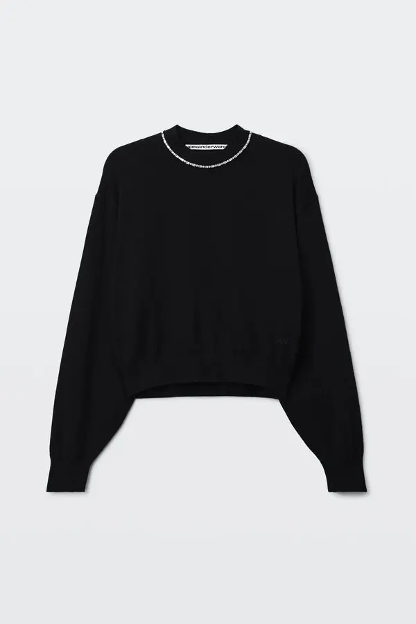 Alexander Wang Crystal Necklace Inlay Long Sleeve Crewneck - Black
