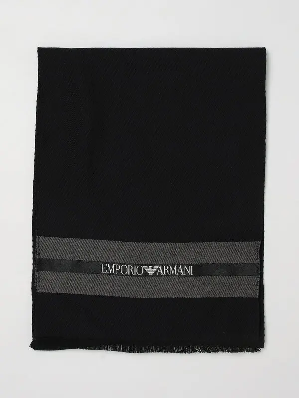 Emporio Armani Wool And Silk Blend Scarf With Contrast Logo And Fringed Edges - Blue