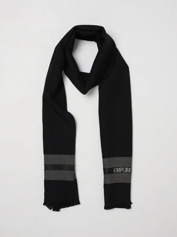 Emporio Armani Wool And Silk Blend Scarf With Contrast Logo And Fringed Edges - Blue