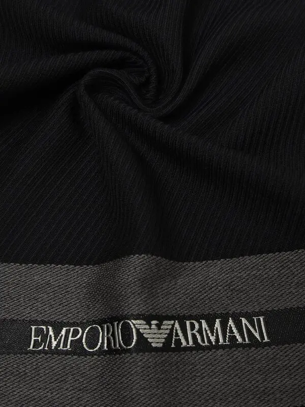 Emporio Armani Wool And Silk Blend Scarf With Contrast Logo And Fringed Edges - Blue