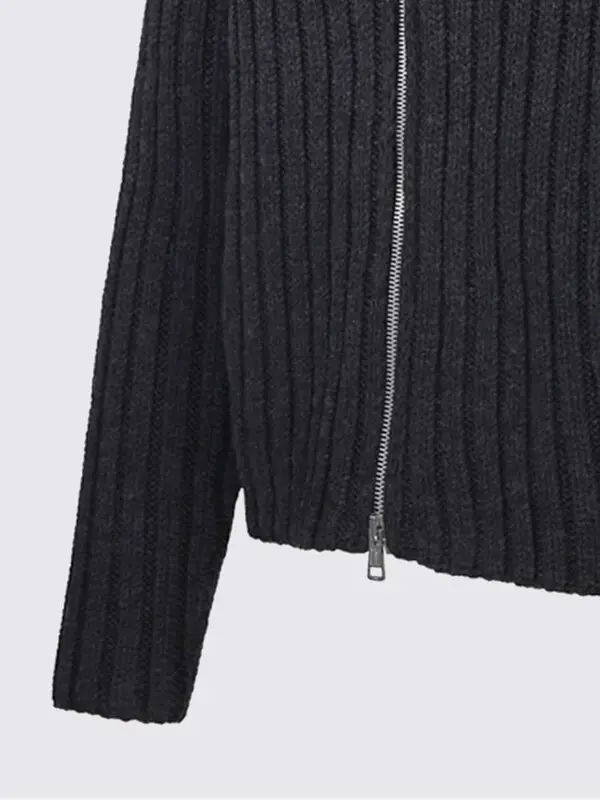 Our Legacy Ribbed Pure Merino Wool Roll Neck Cardigan With Zip Closure