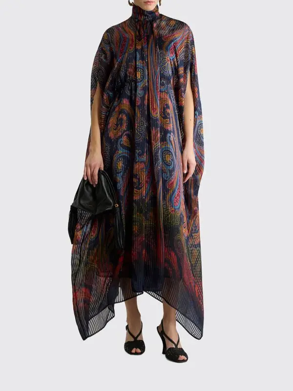 Etro Long Paisley Print Silk Caftan With High Neck