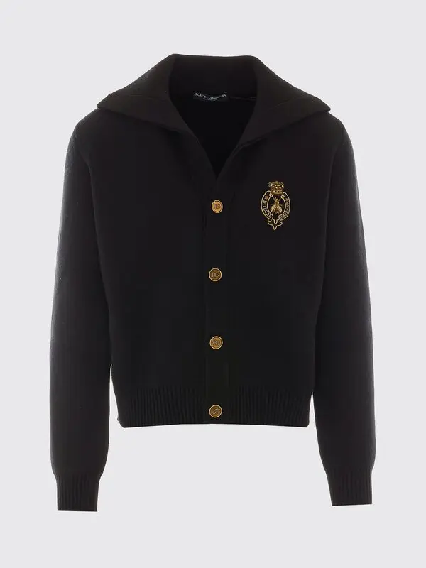 Dolce & Gabbana Virgin Wool Cardigan With Sailor Collar And Logo Crest