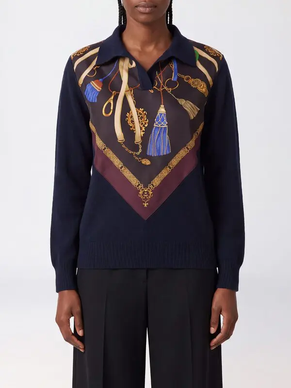 Etro Graphic Print Wool And Cashmere Knit Polo With Long Sleeves