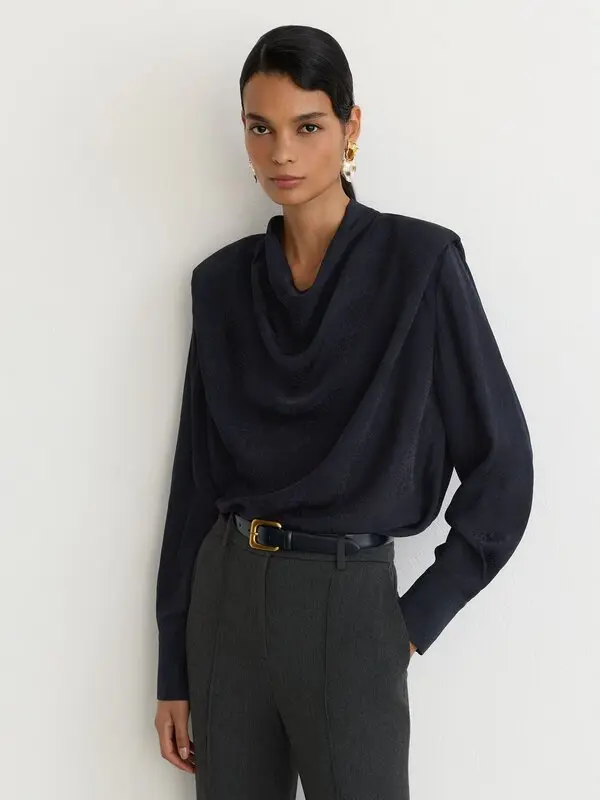 REISS Lainey Jacquard Cowl-neck Shoulder-pad Blouse