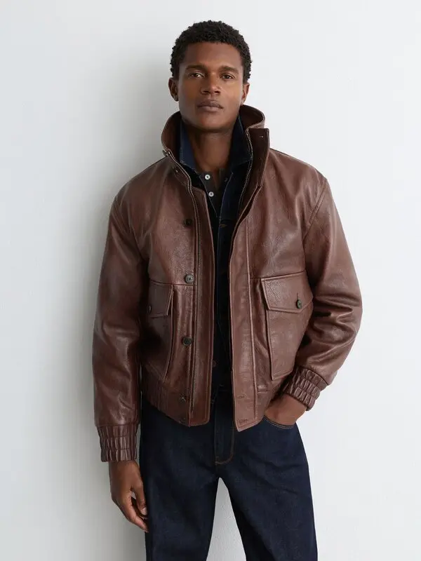 REISS Cable Leather Funnel-neck Jacket