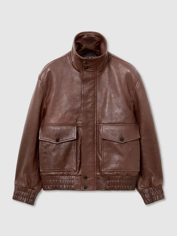 REISS Cable Leather Funnel-neck Jacket