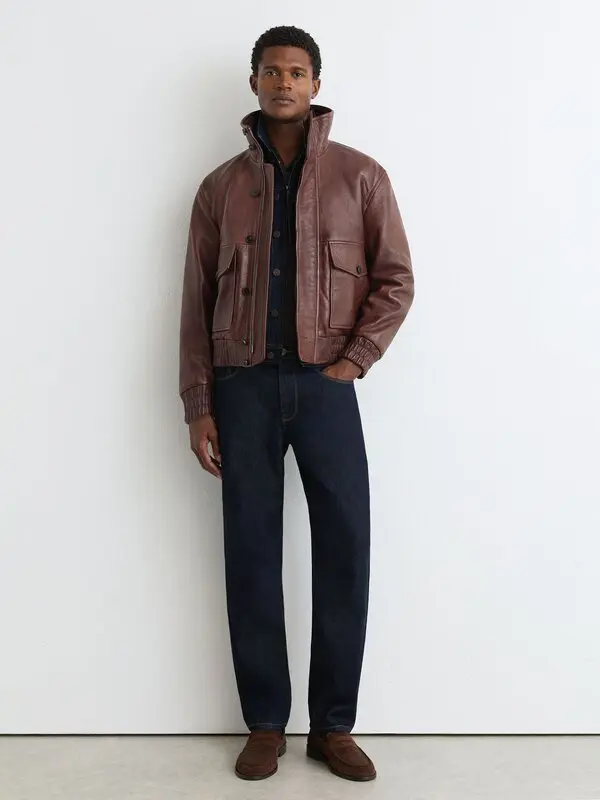 REISS Cable Leather Funnel-neck Jacket