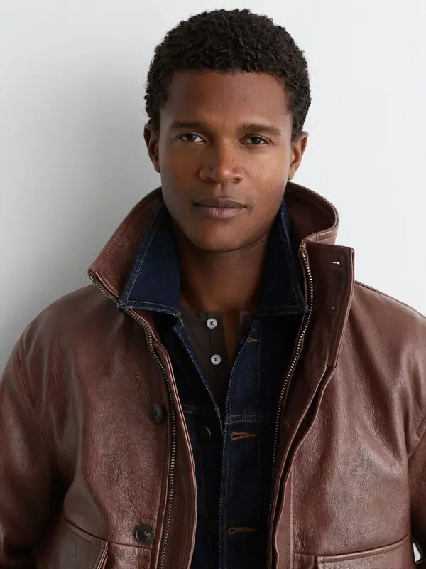 REISS Cable Leather Funnel-neck Jacket