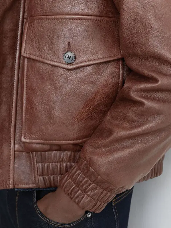 REISS Cable Leather Funnel-neck Jacket