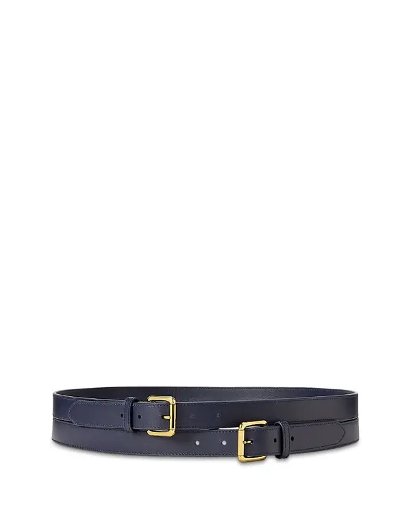 Ralph Lauren Leather Double Buckle Stacked Wide Belt - Navy