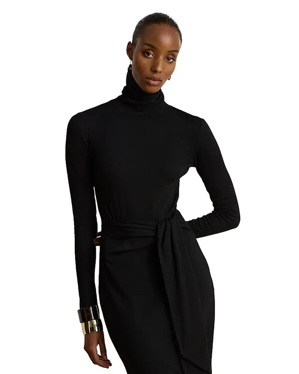 Ralph Lauren Tie Front Rib Knit Turtleneck Dress