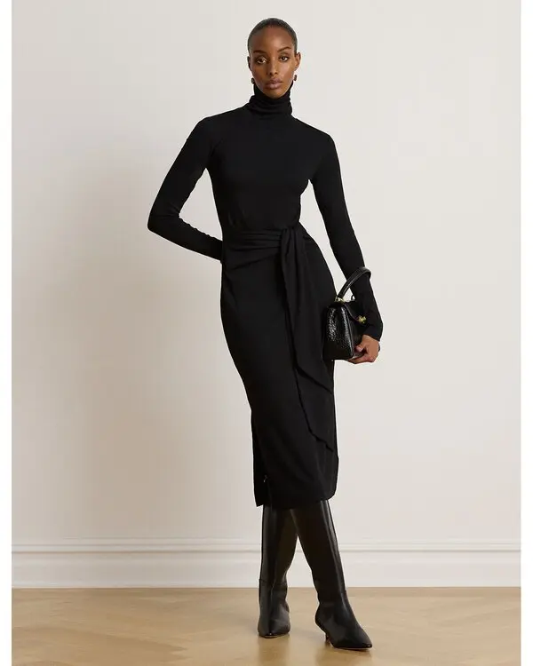 Ralph Lauren Tie Front Rib Knit Turtleneck Dress