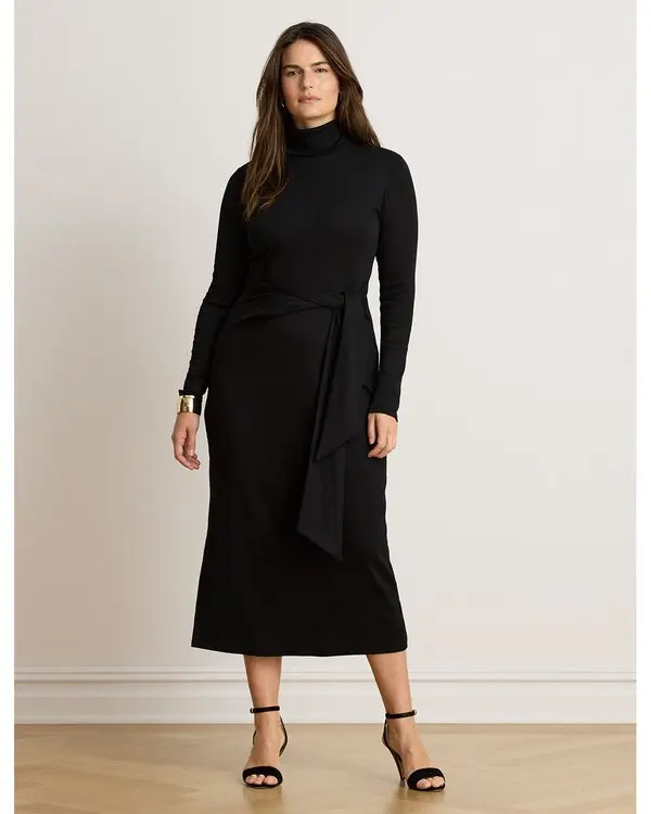 Ralph Lauren Tie Front Rib Knit Turtleneck Dress