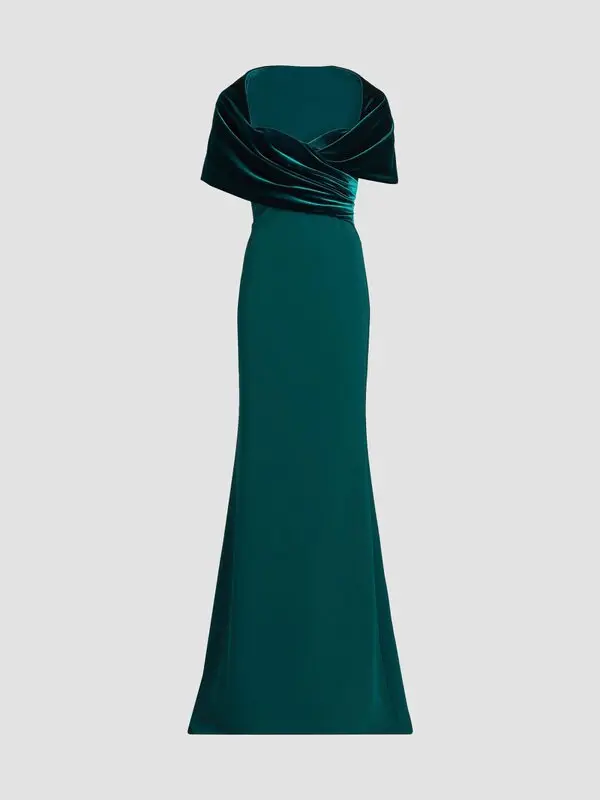 Badgley Mischka Stretch-crepe Shawl-collar Gown - Teal