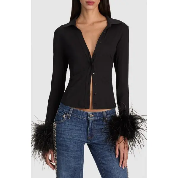 Alice + Olivia Freya Button Down Top With Feather Cuffs - Black