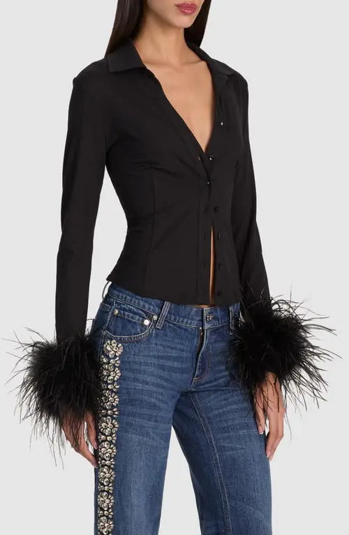 Alice + Olivia Freya Button Down Top With Feather Cuffs