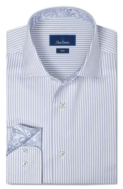 David Donahue Trim Fit Stripe Cotton Twill Dress Shirt - White/blue