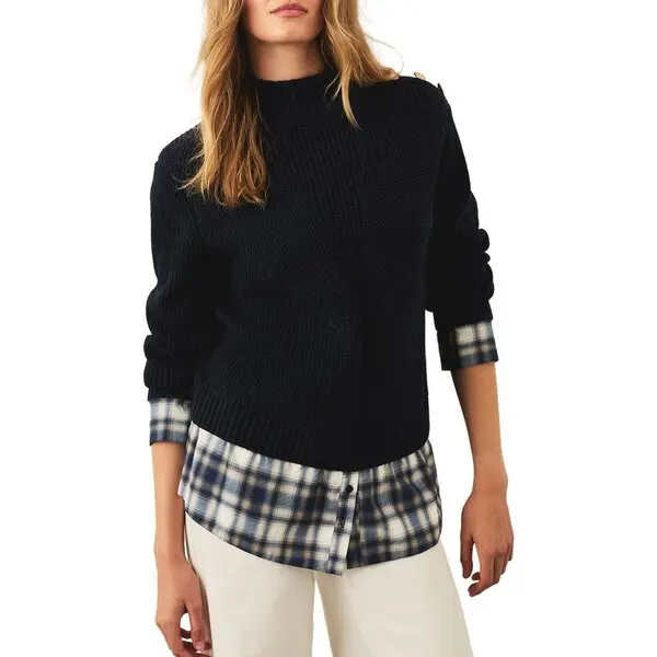 Mint Velvet Checked Trim Jumper Pullover Long Sleeve Stand Collar Regular Sweater