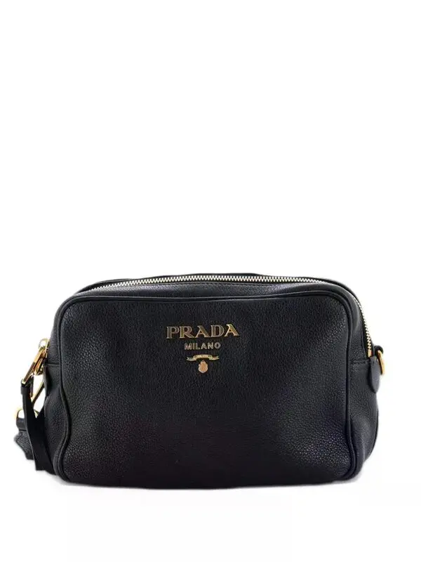 Prada Double Zip Camera Bag Vitello Daino Crossbody Bag - Black