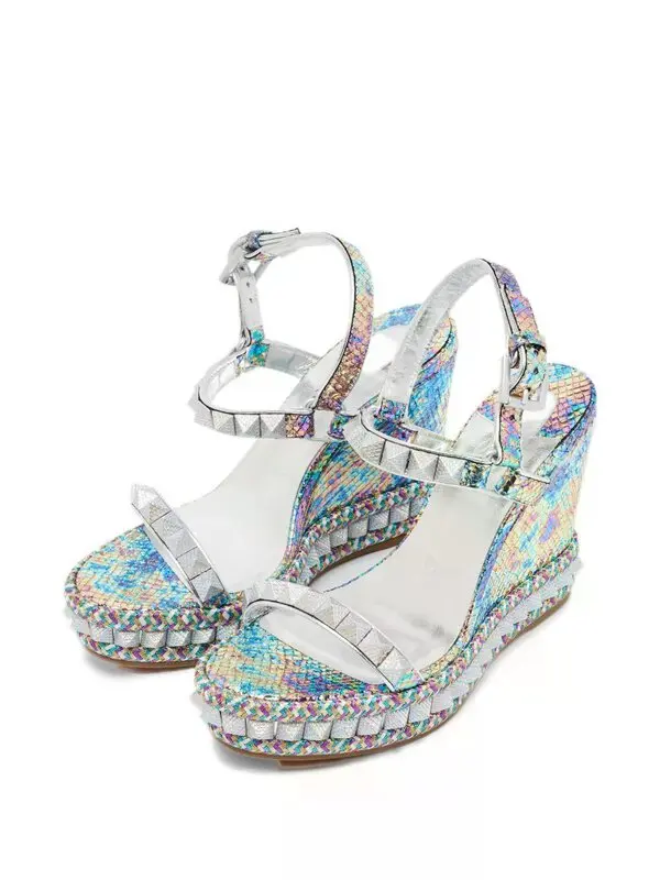 CHRISTIAN LOUBOUTIN Pyraclou Snakeskin-embossed Wedge Sandals - Silver