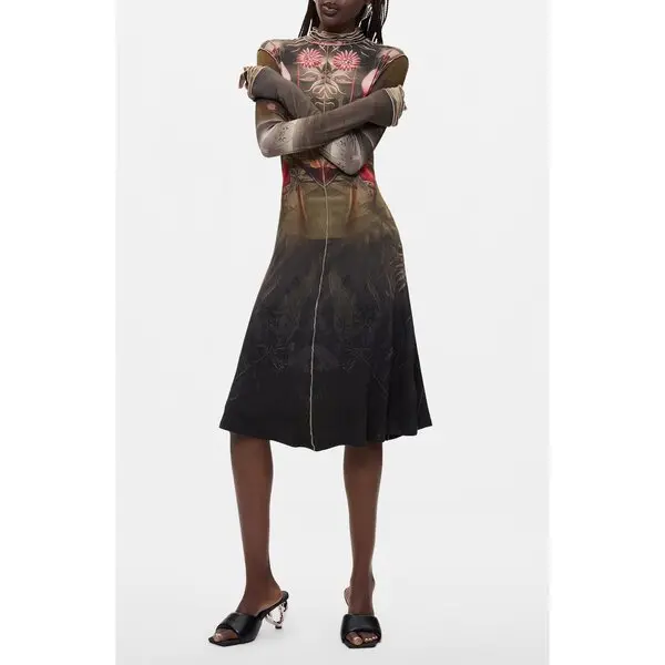 Desigual Long Sleeve Mock Neck Dress - Olive Multi