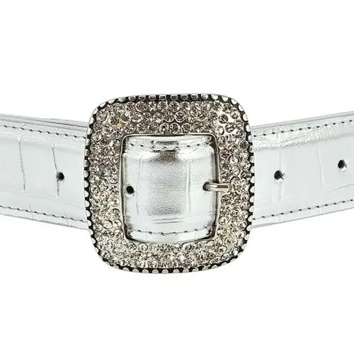 MADISON MAISON Croc Embossed Leather Belt - Silver