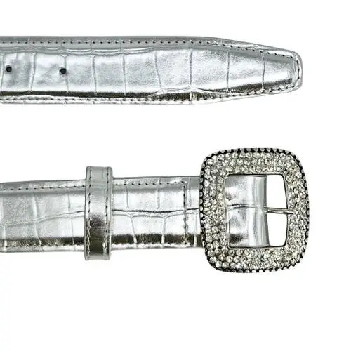 MADISON MAISON Croc Embossed Leather Belt - Silver