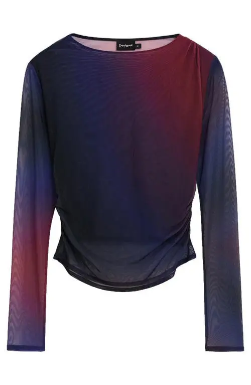 Desigual Ruched Sheer Mesh Long Sleeve Top