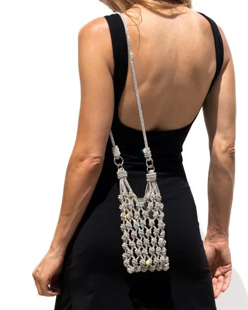 ROCKNOT 46in Maya Handwoven Rhinestone Phone Crossbody Bag - Crystal