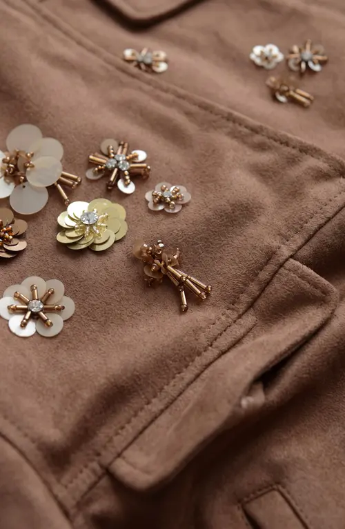 MODENAIRE Floral Embellished Suede Effect Jacket