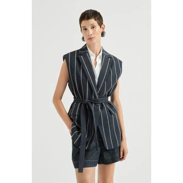Brunello Cucinelli Double Chalk Stripe Cotton And Linen Belted Vest With Monili - Denim