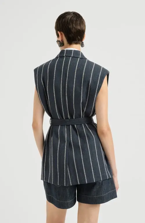 Brunello Cucinelli Double Chalk Stripe Cotton And Linen Belted Vest With Monili - Denim