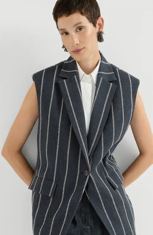 Brunello Cucinelli Double Chalk Stripe Cotton And Linen Belted Vest With Monili - Denim