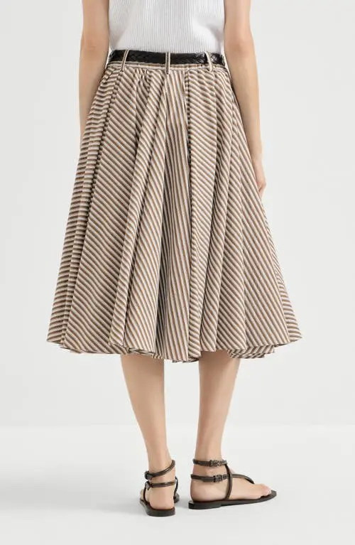 Brunello Cucinelli Striped Wrinkled Poplin Pleated Skirt With Monili