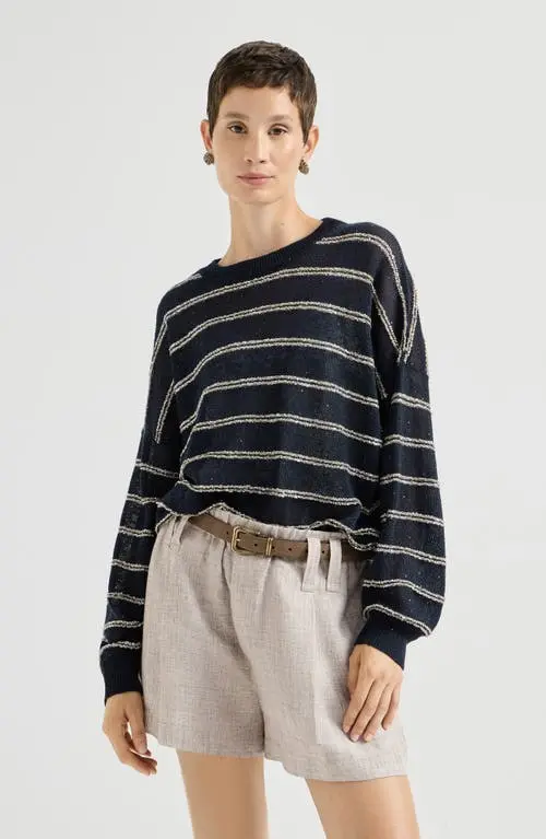 Brunello Cucinelli Linen And Cotton Sweater With Dazzling Double Stripes